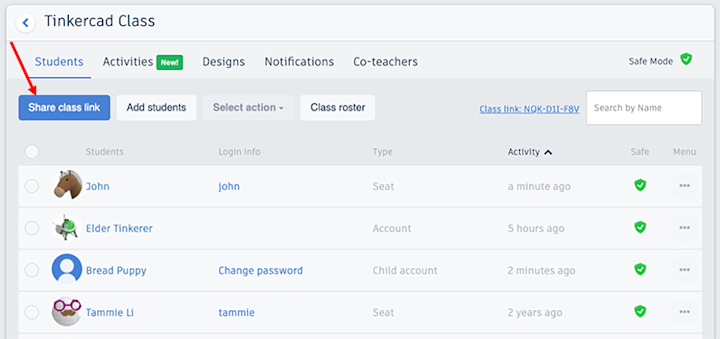 How does a teacher create a Class link or code? - Tinkercad